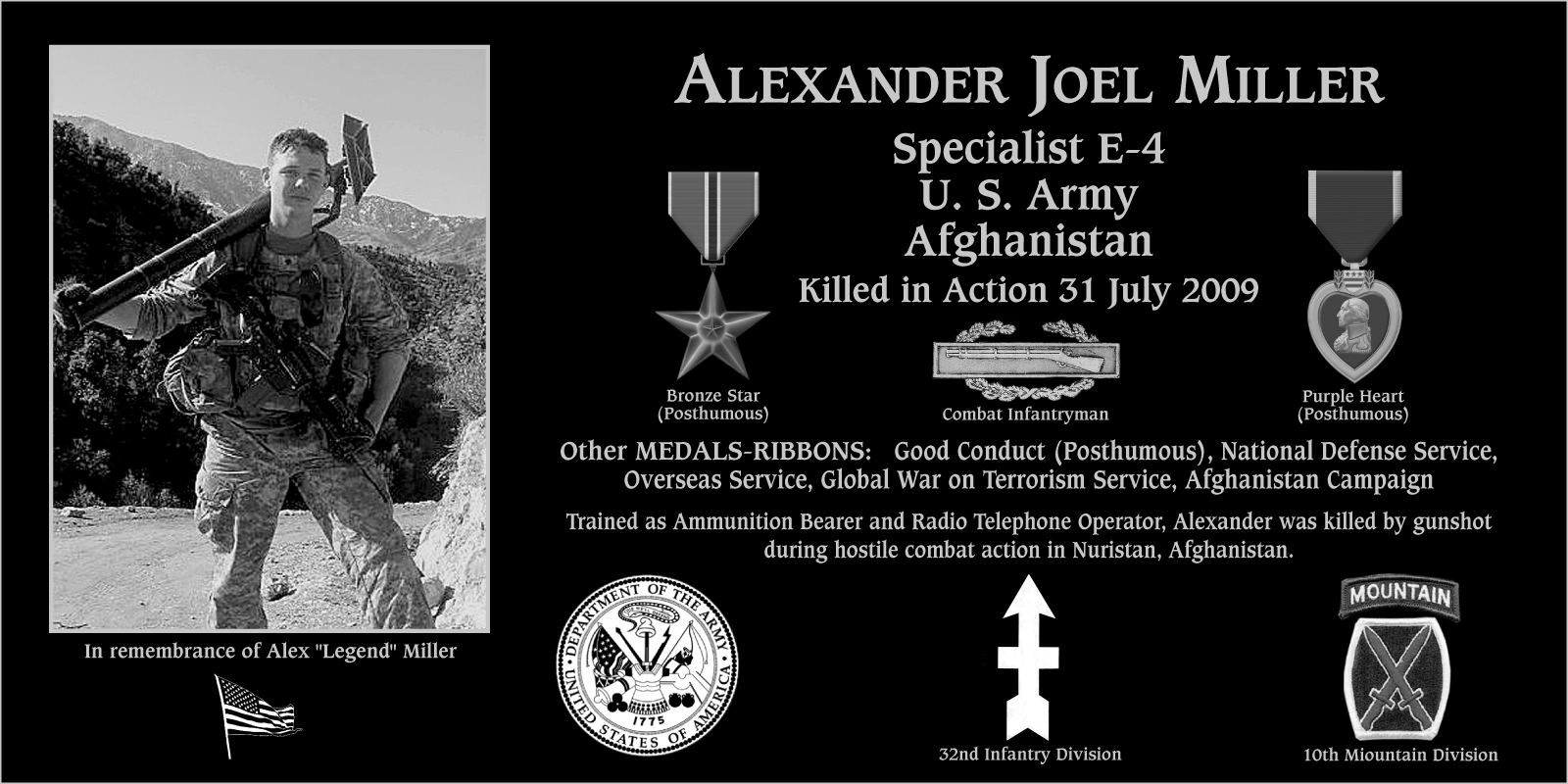 Specialist Alexander Joel Miller | Mt. Soledad Virtual Plaque