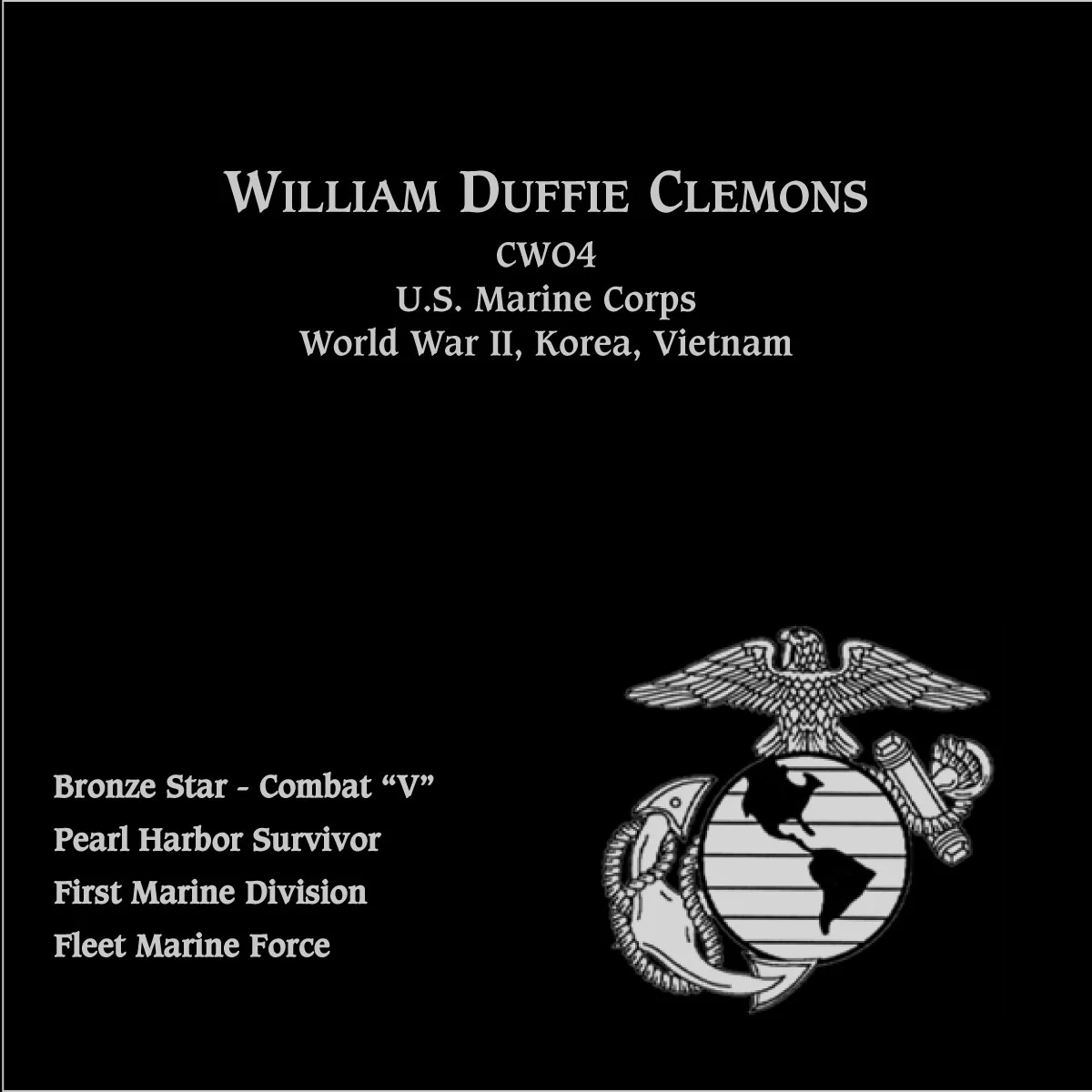 Chief Warrant Officer 4 William Duffie Clemons | Mt. Soledad Virtual Plaque