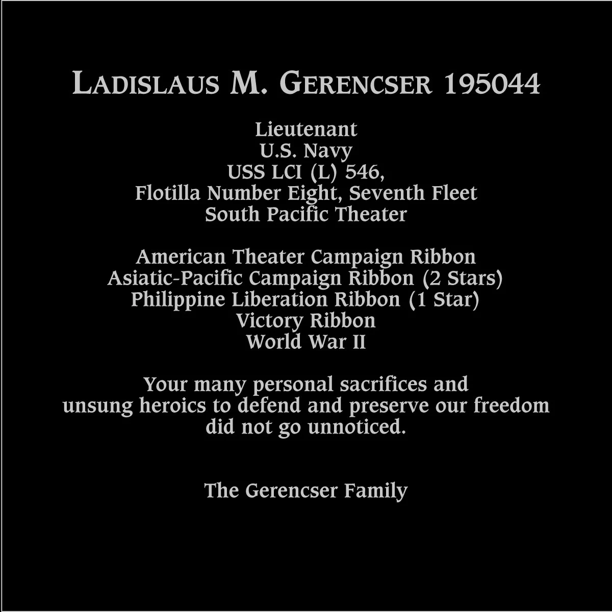 Lieutenant Ladislaus M. Gerencser 195044 | Mt. Soledad Virtual Plaque