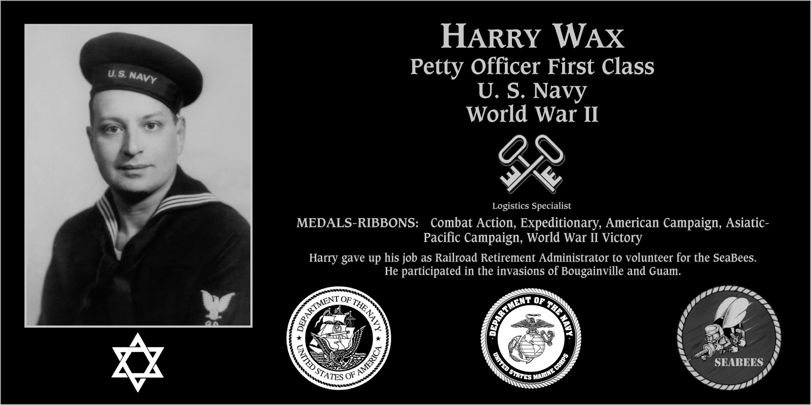 Petty Officer First Class Harry Wax | Mt. Soledad Virtual Plaque