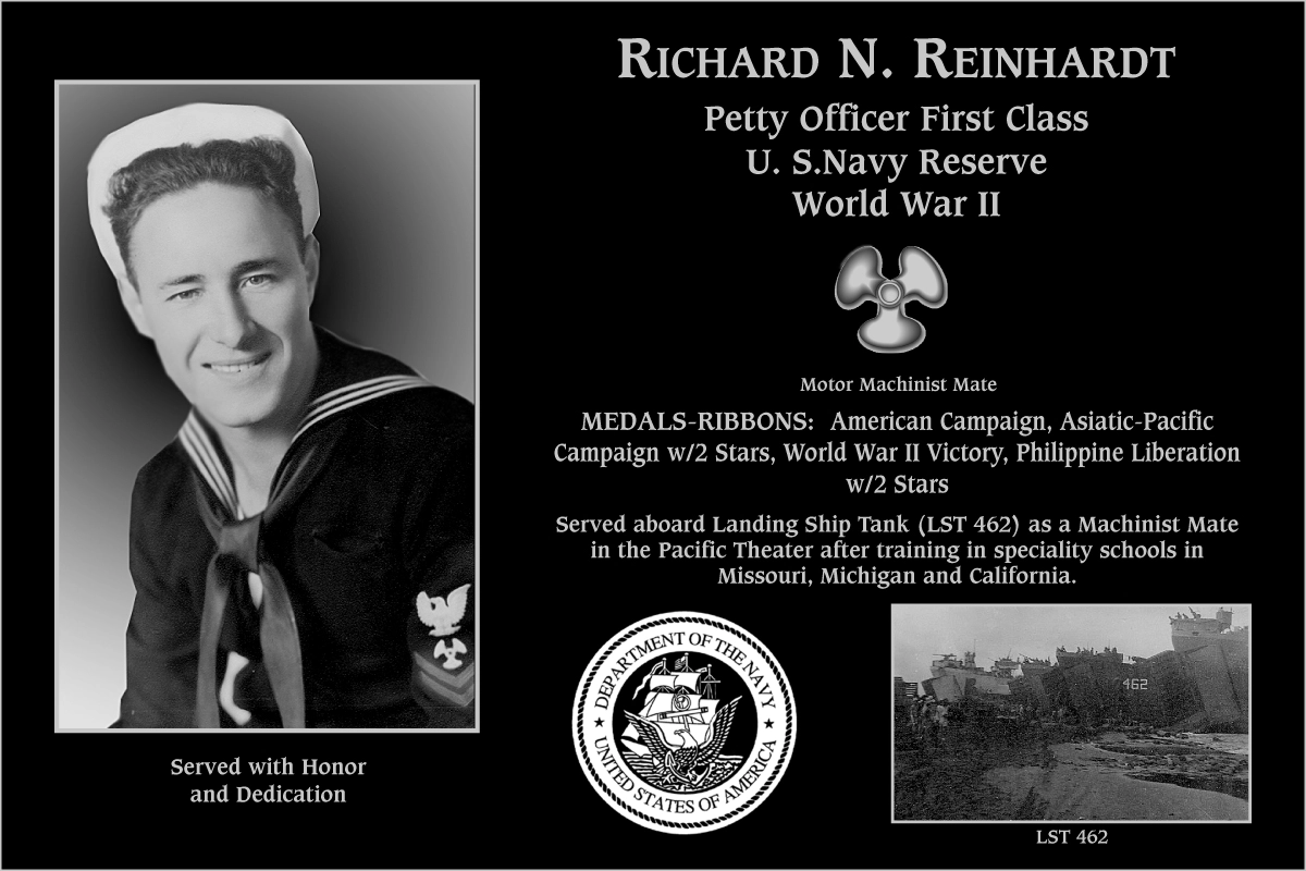 Petty Officer First Class Richard N Reinhardt | Mt. Soledad Virtual Plaque