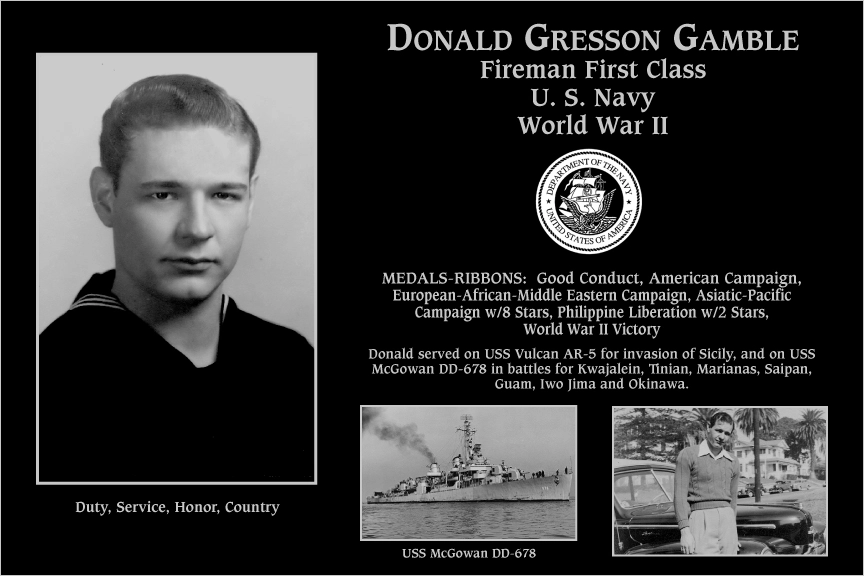 Seaman/Airman/Fireman Donald Greeson Gamble | Mt. Soledad Virtual Plaque