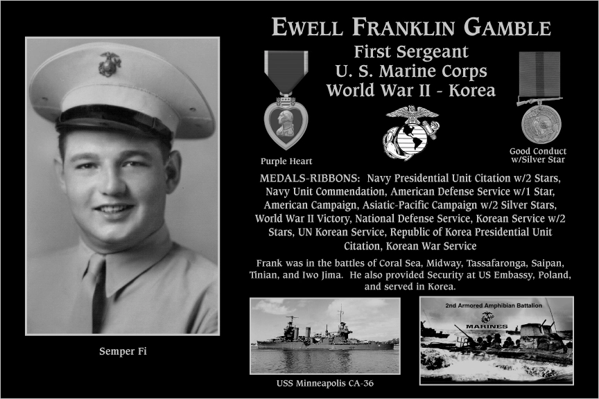 First Sergeant Ewell Franklin Gamble | Mt. Soledad Virtual Plaque