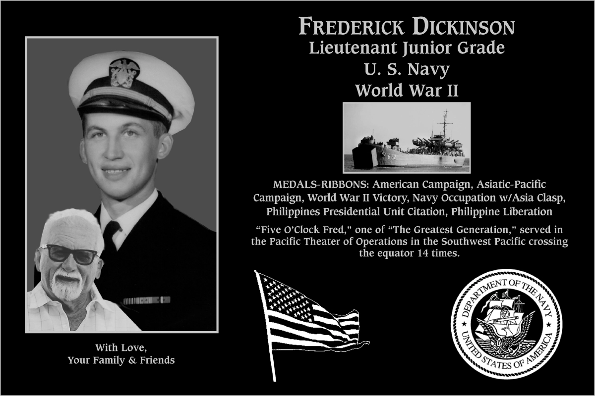 Lieutenant, Junior Grade Frederick Dickinson | Mt. Soledad Virtual Plaque