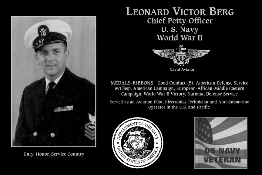 Chief Petty Officer Leonard Victor Berg | Mt. Soledad Virtual Plaque