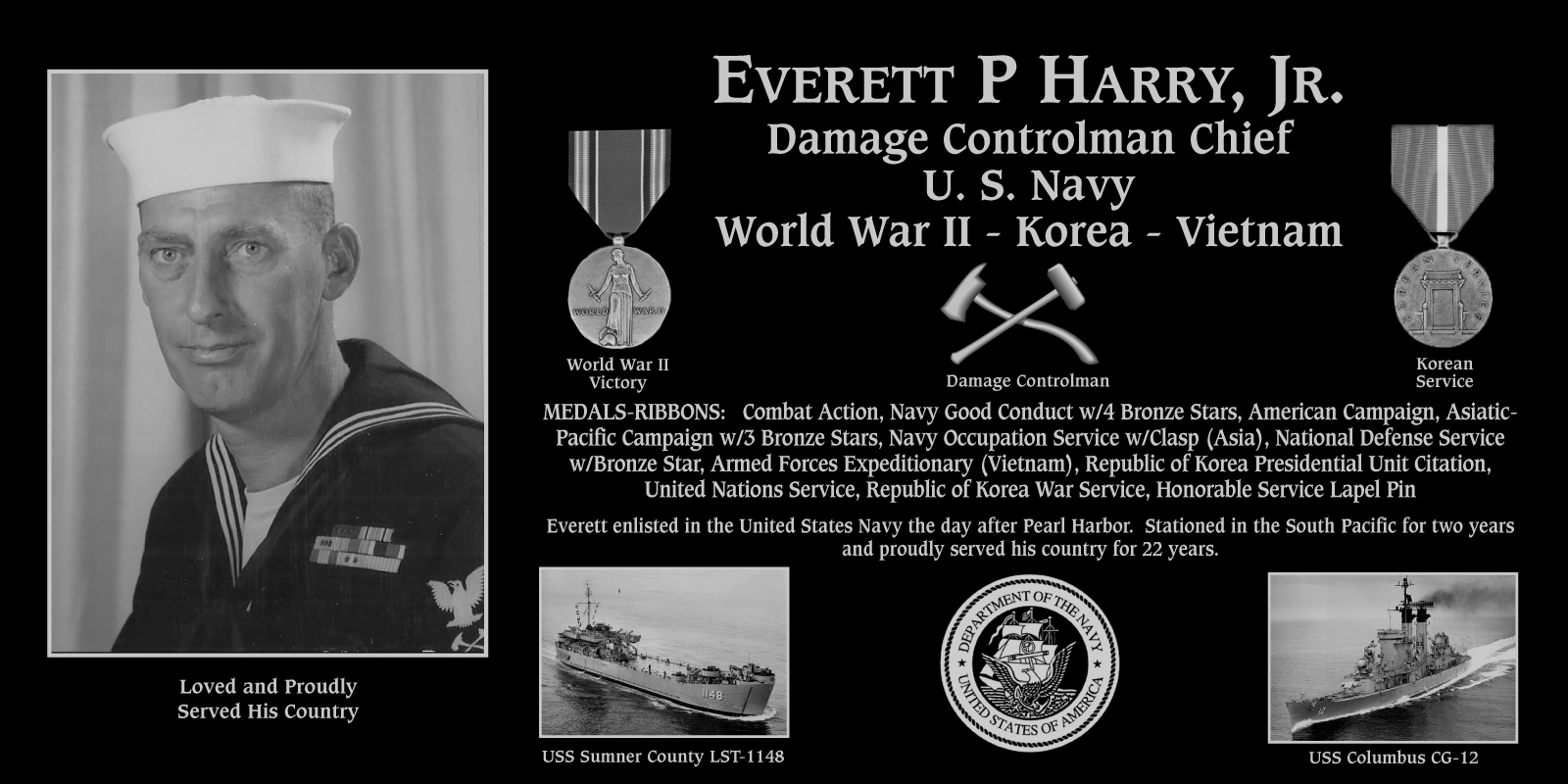 Chief Petty Officer Everett P Harry, Jr. | Mt. Soledad Virtual Plaque