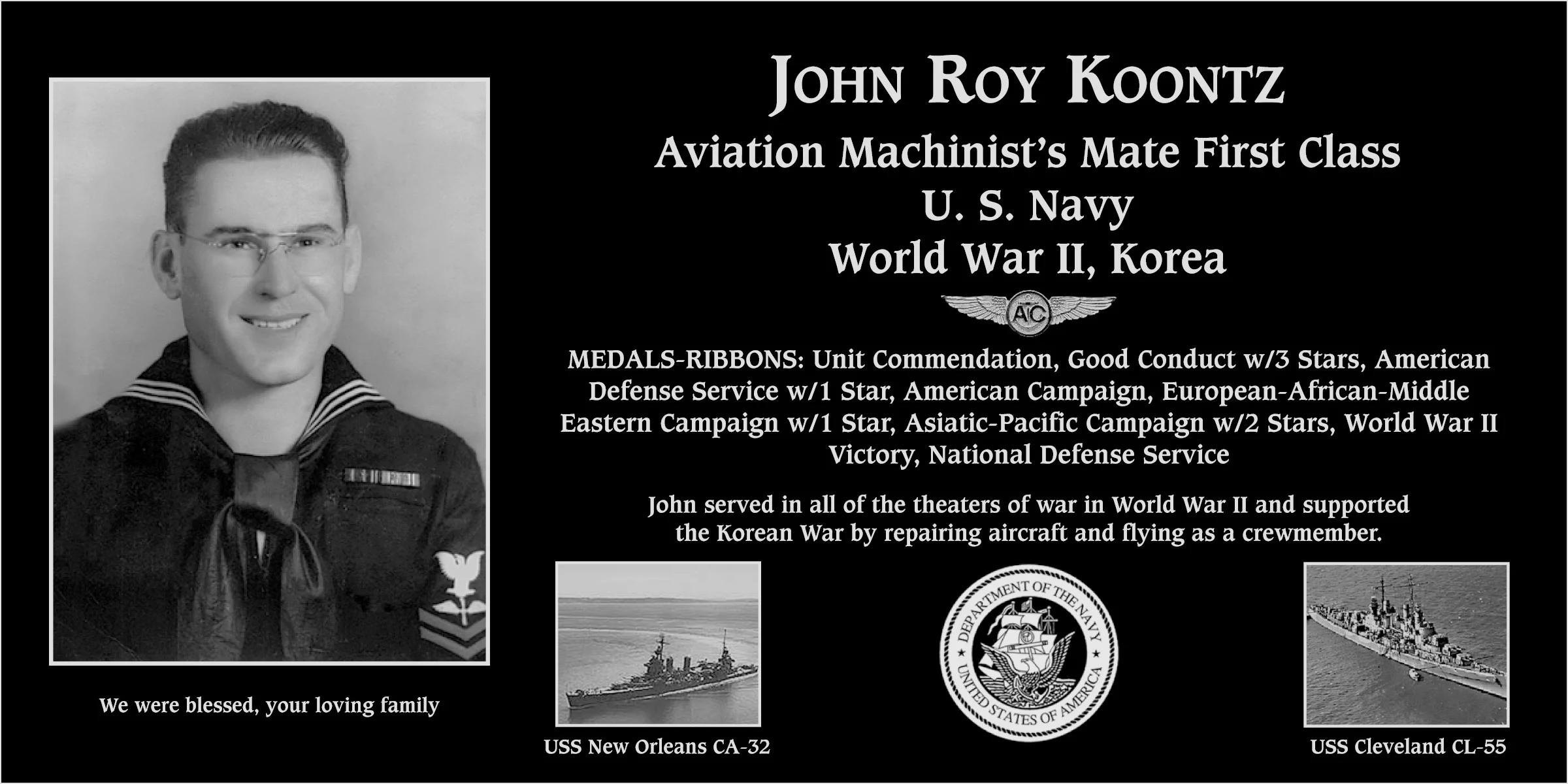 Petty Officer First Class John Roy Koontz | Mt. Soledad Virtual Plaque