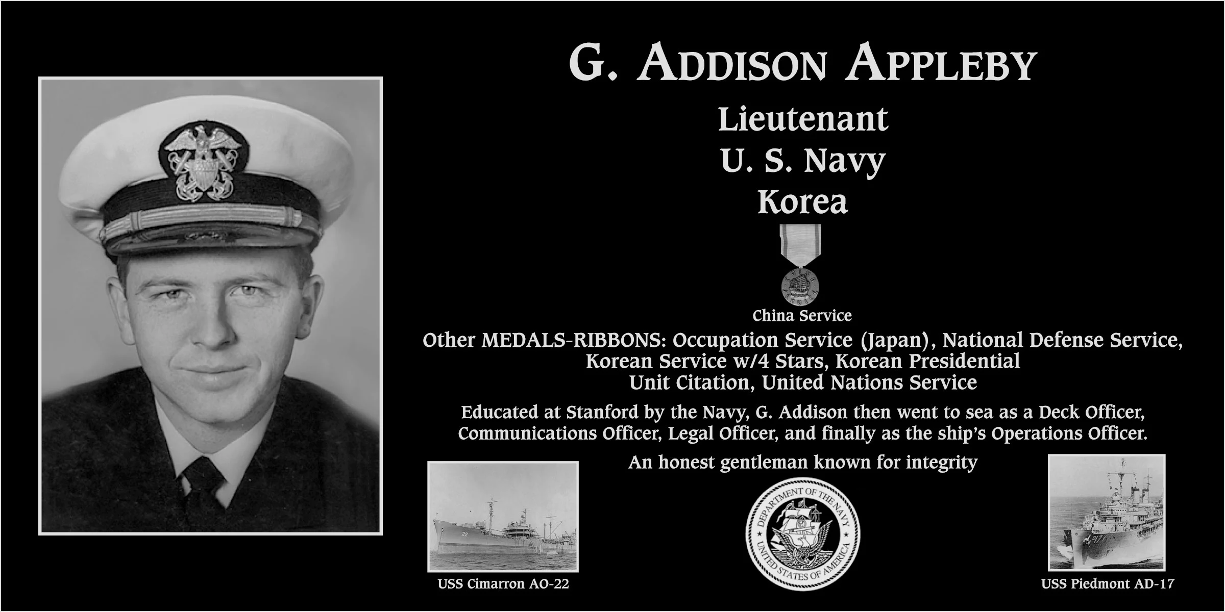 Lieutenant G Addison Appleby | Mt. Soledad Virtual Plaque