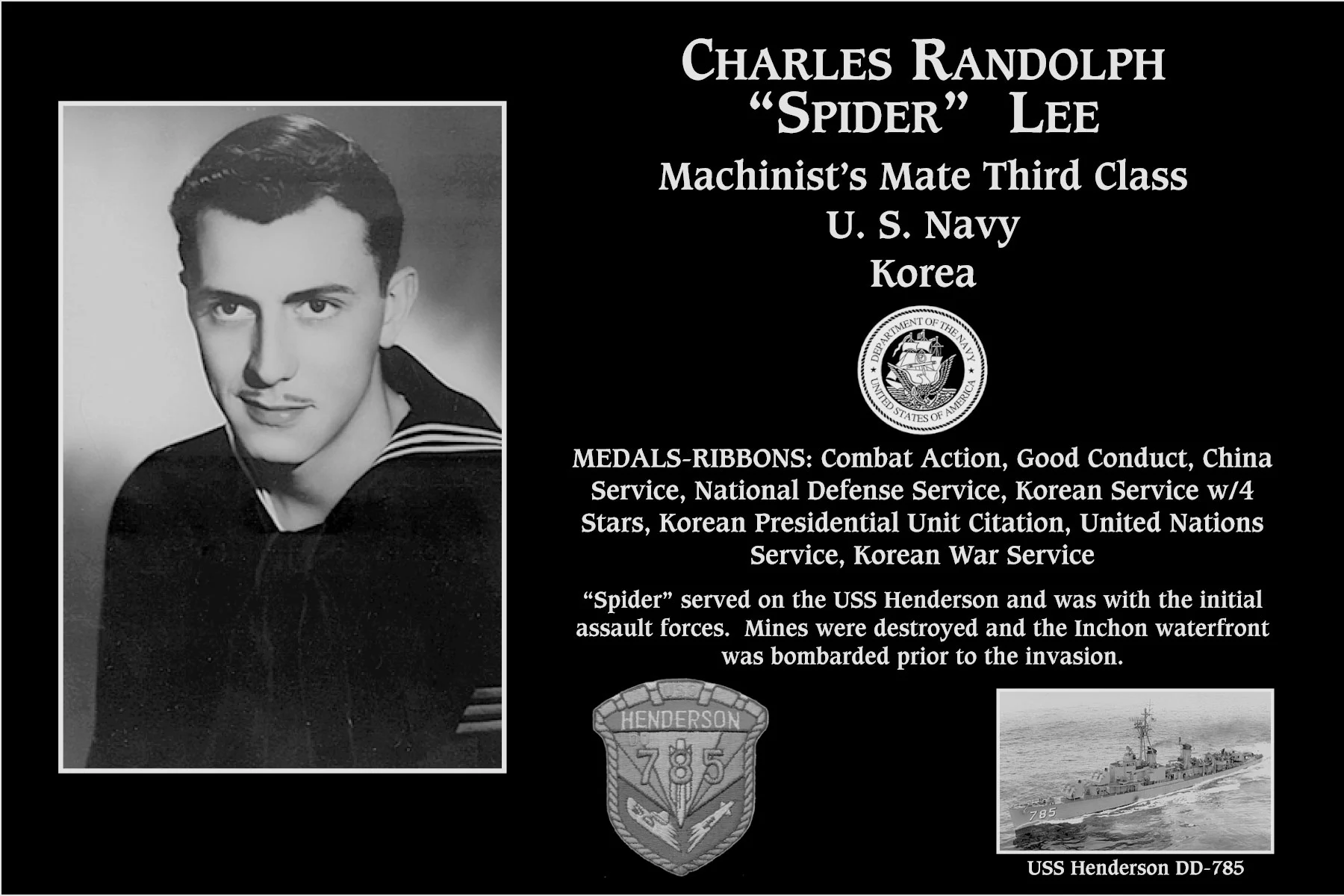Petty Officer Third Class Charles Randolph Lee | Mt. Soledad Virtual Plaque