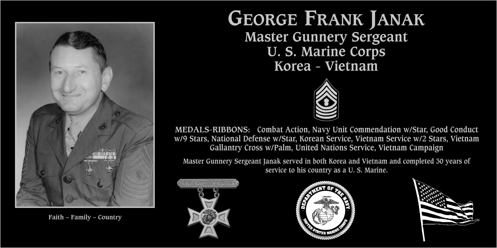 Master Gunnery Sergeant George Frank Janak | Mt. Soledad Virtual Plaque