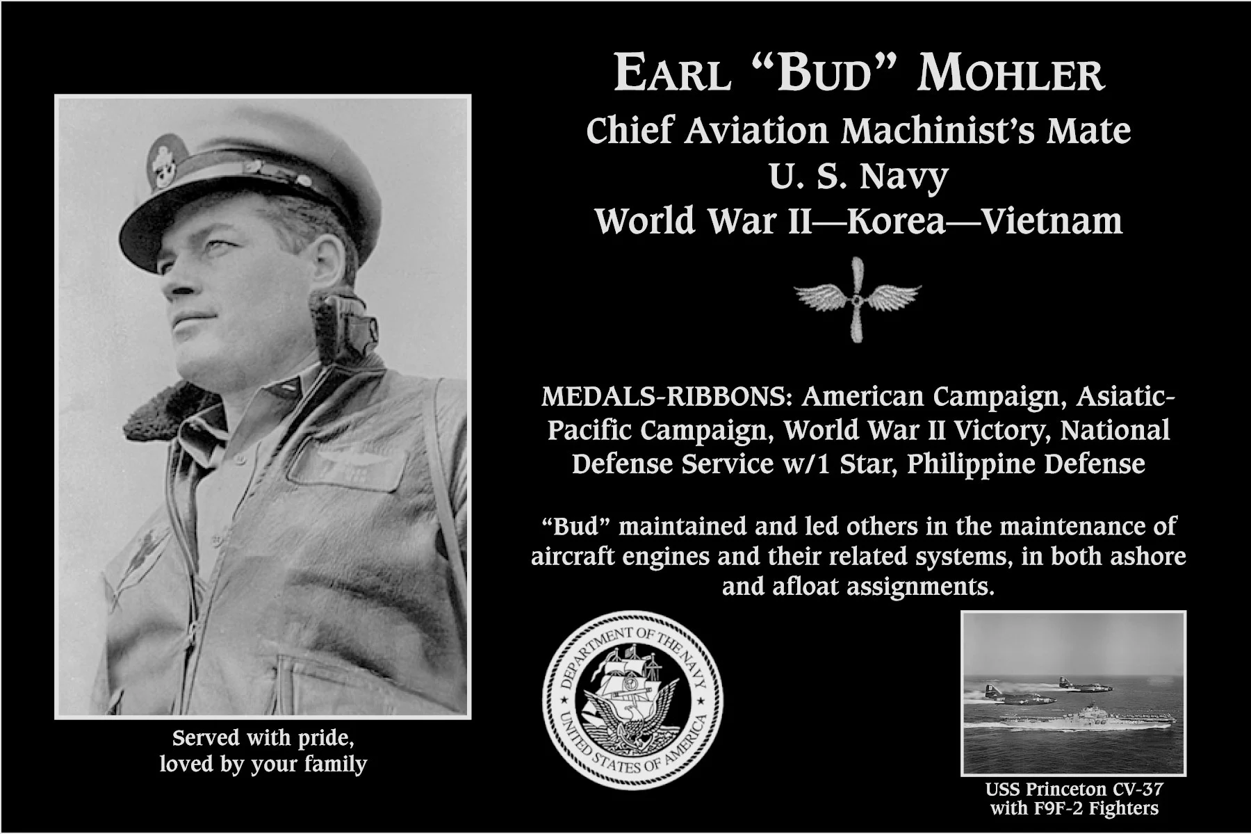 Chief Petty Officer Earl Mohler | Mt. Soledad Virtual Plaque