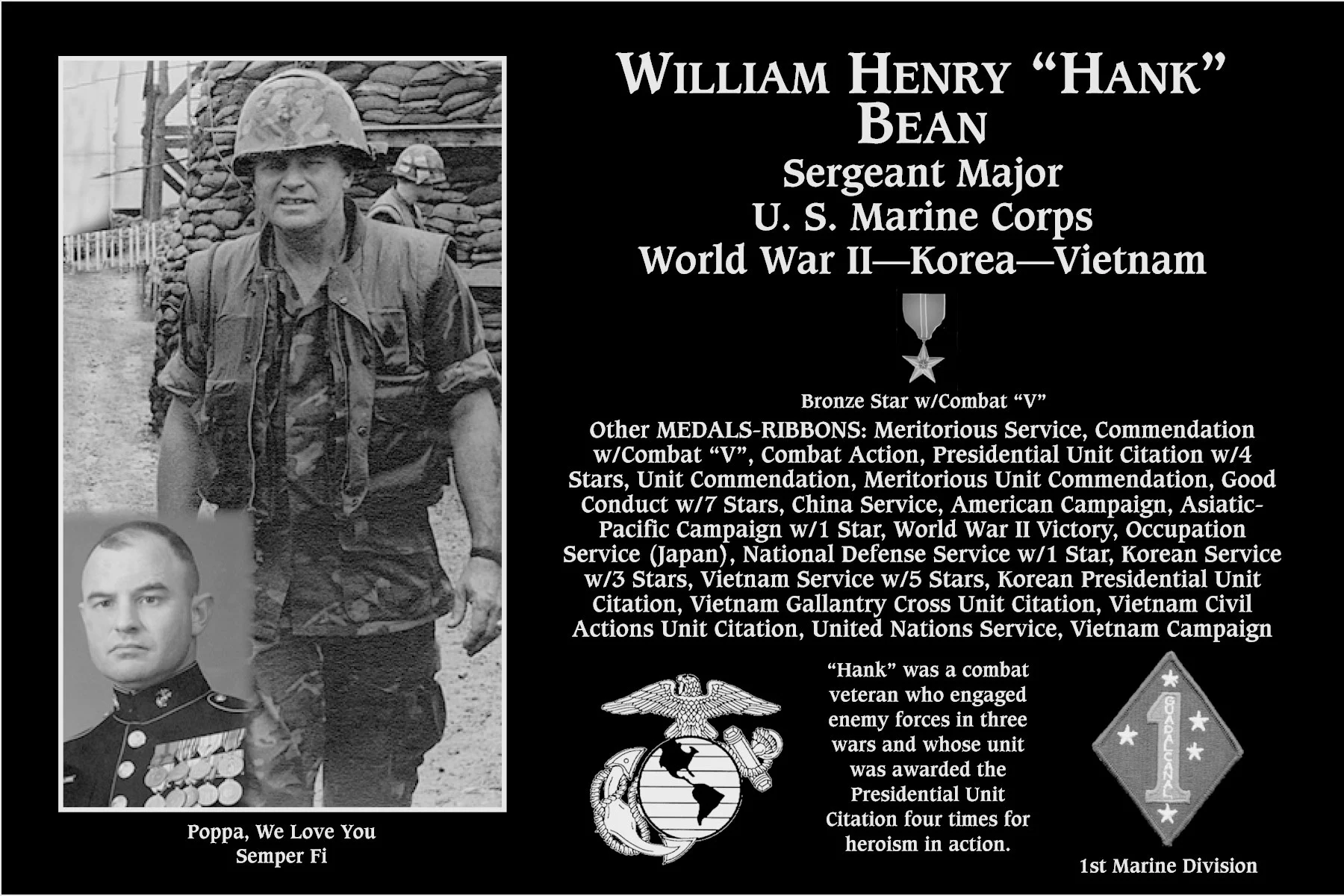 Sergeant Major William Henry Bean | Mt. Soledad Virtual Plaque