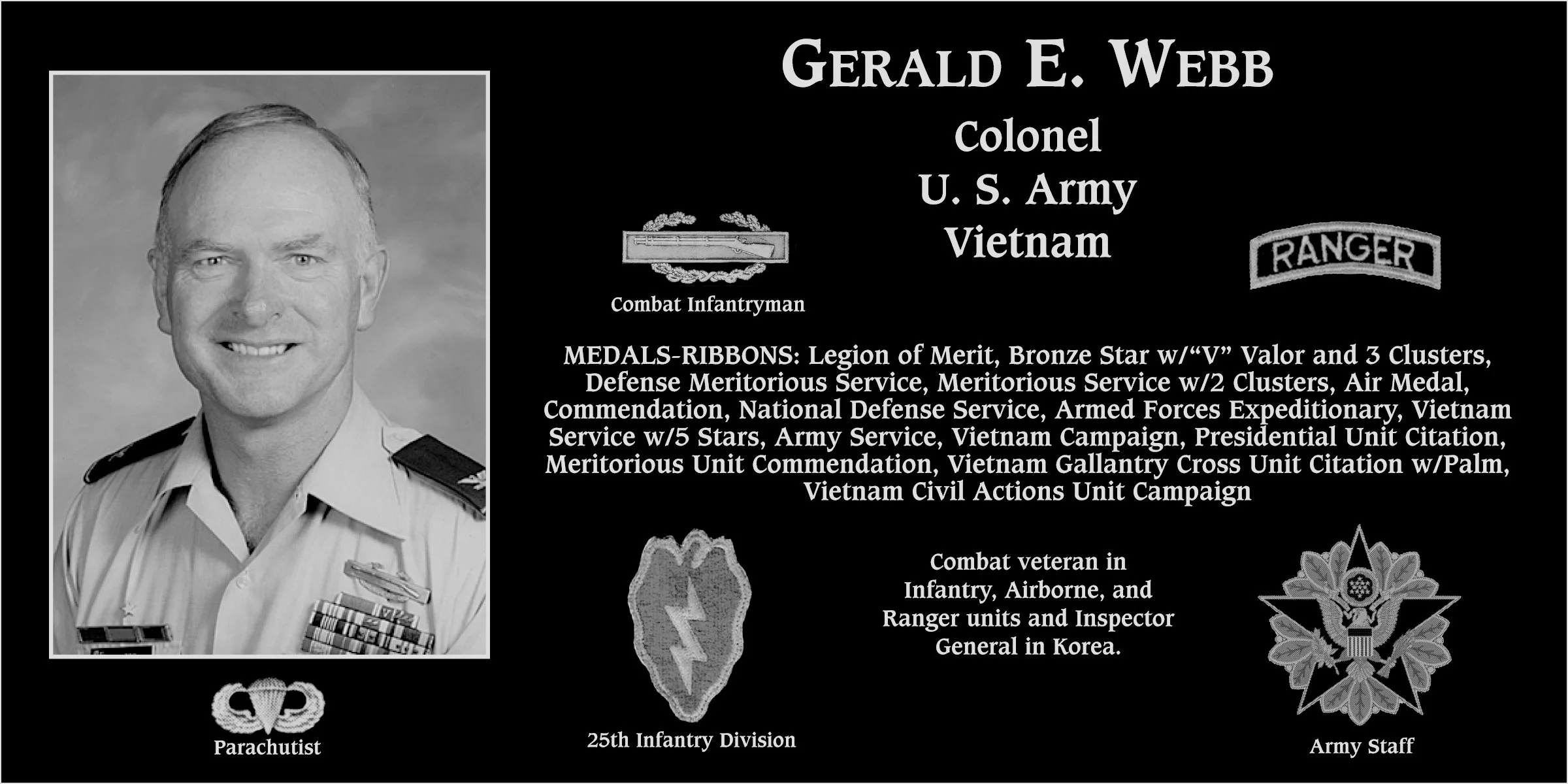 Colonel Gerald E Webb | Mt. Soledad Virtual Plaque