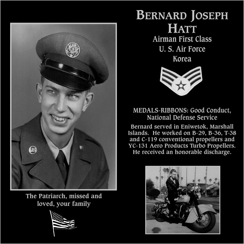 Airman First Class Bernard Joseph Hatt | Mt. Soledad Virtual Plaque