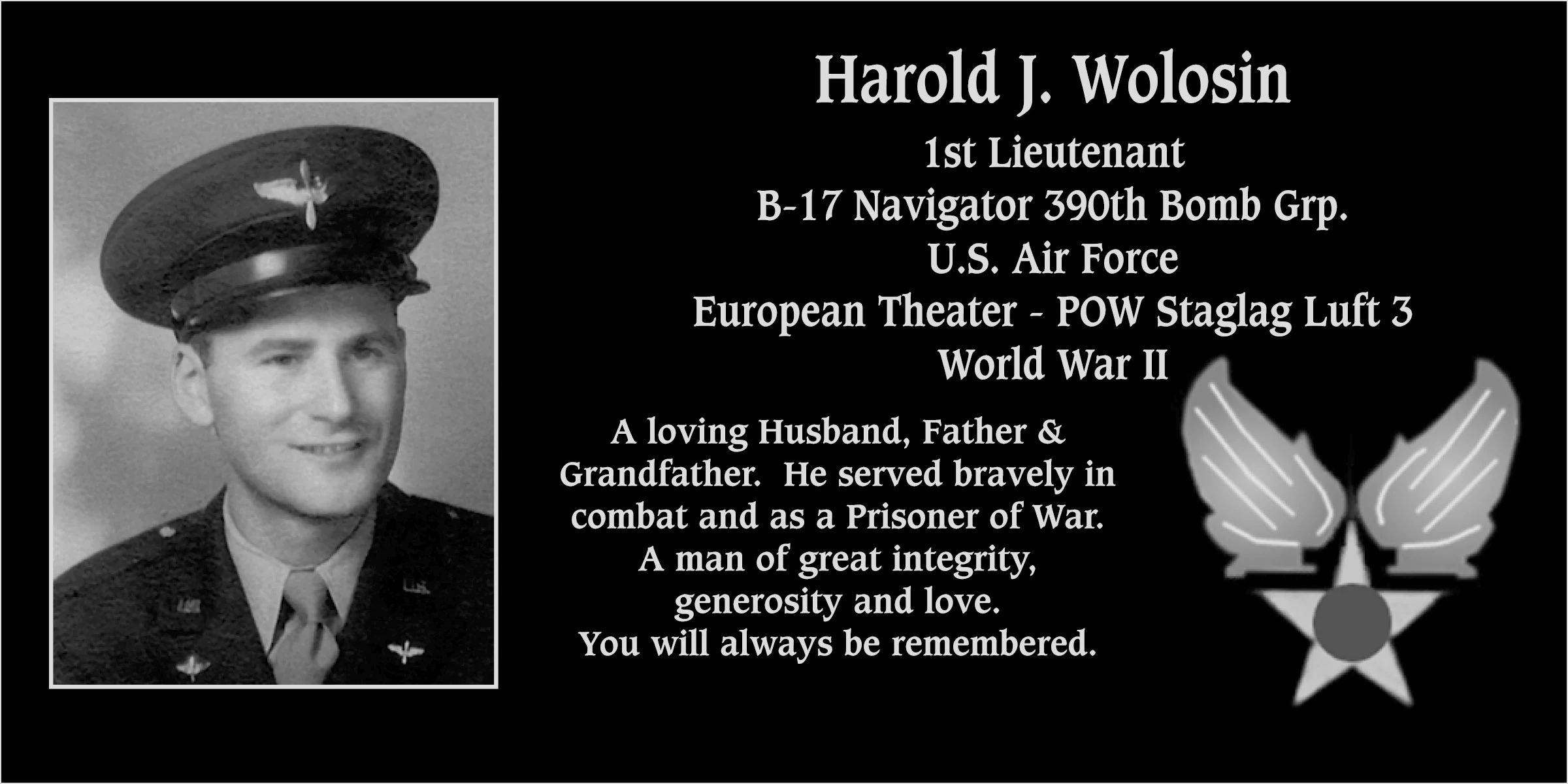 First Lieutenant Harold J. Wolosin | Mt. Soledad Virtual Plaque