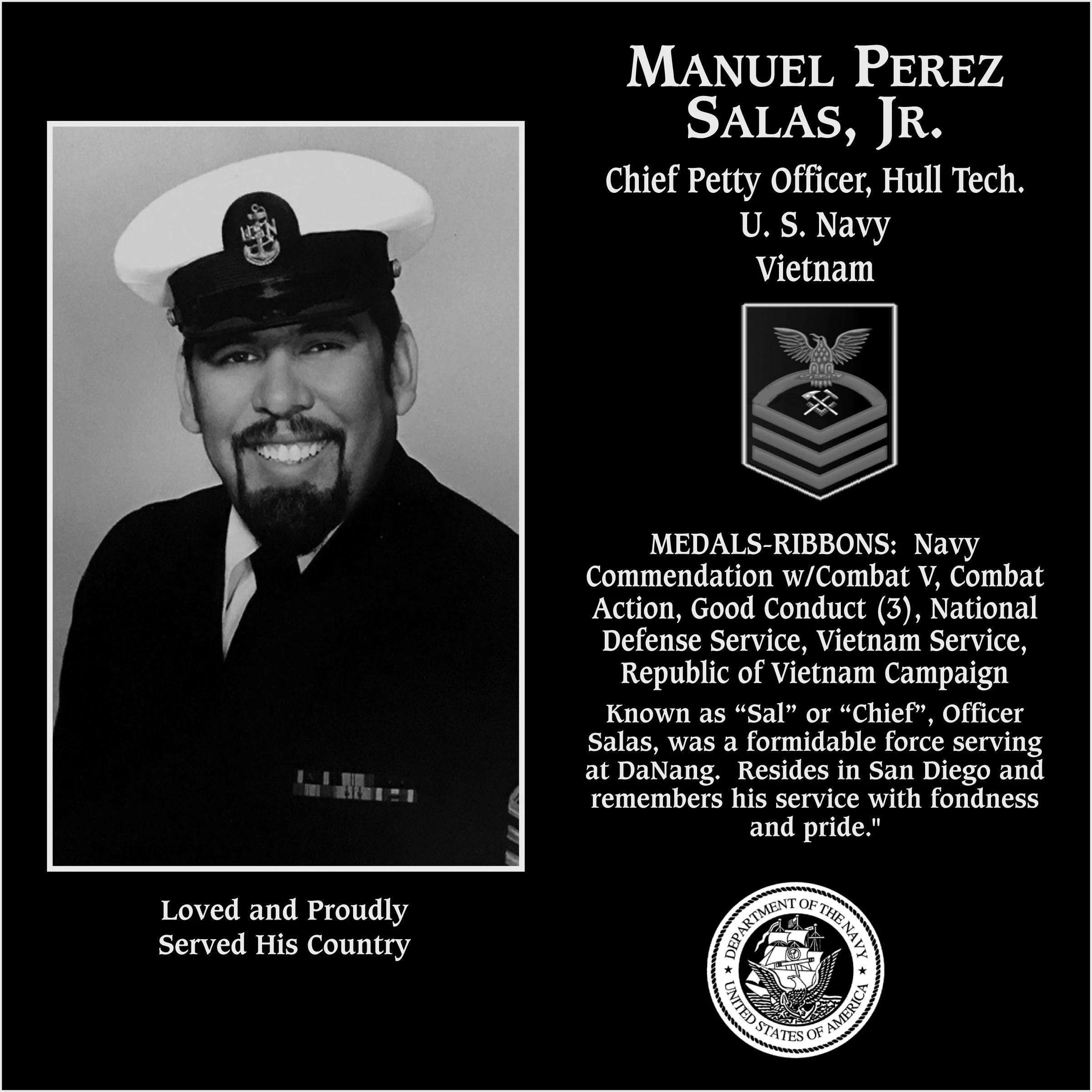 Chief Petty Officer Manuel Perez Salas jr | Mt. Soledad Virtual Plaque