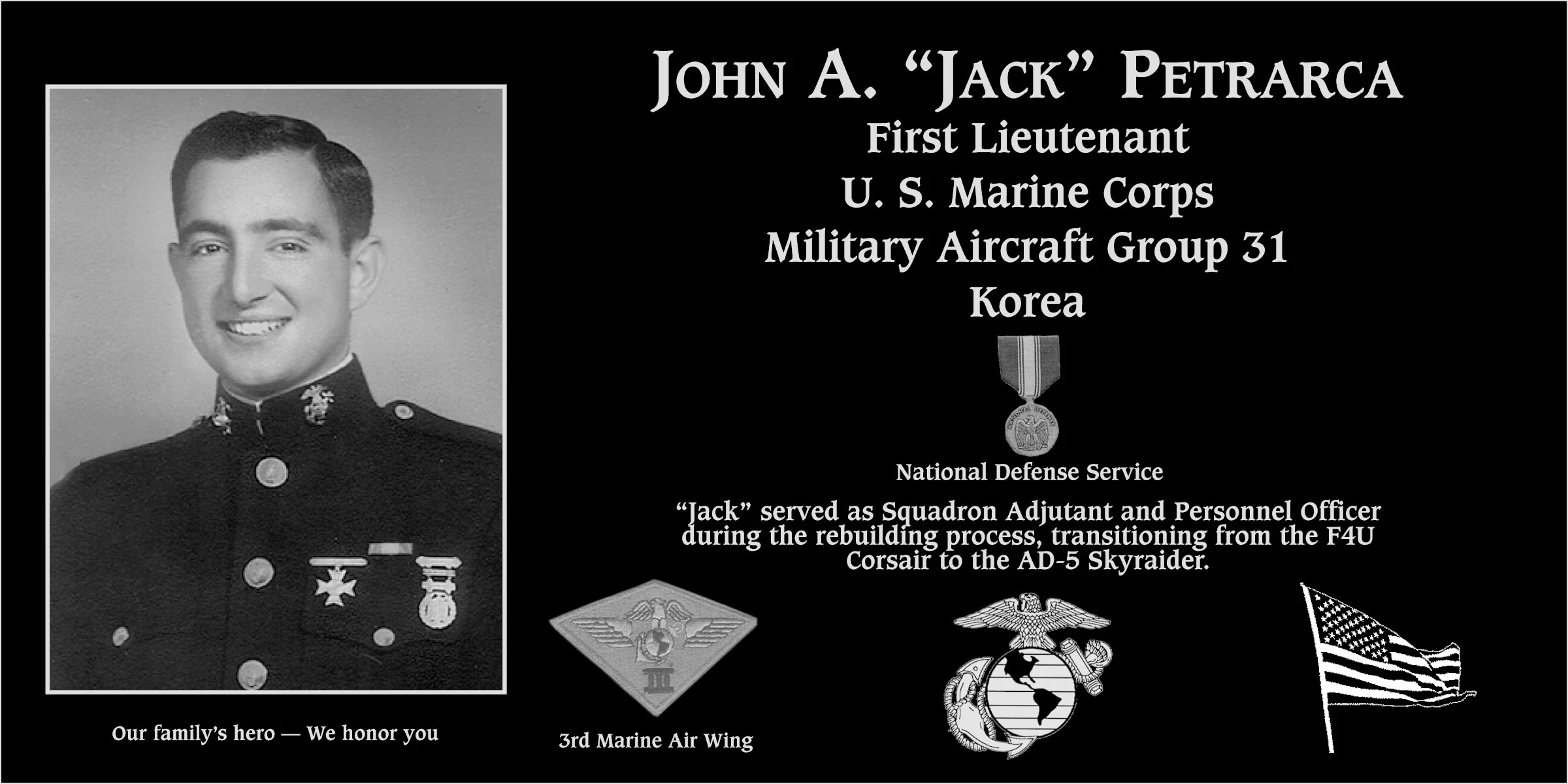 First Lieutenant John A Petrarca | Mt. Soledad Virtual Plaque
