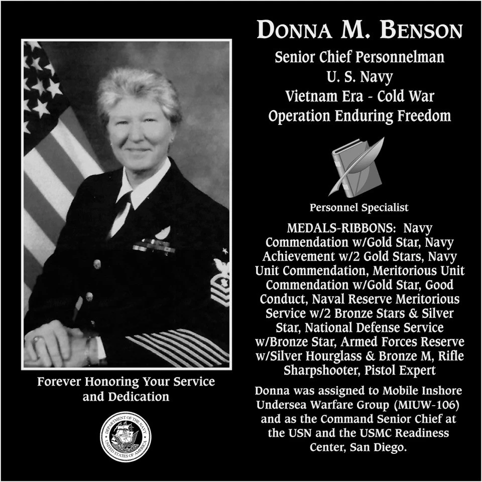 Senior Chief Petty Officer Donna M. Benson | Mt. Soledad Virtual Plaque