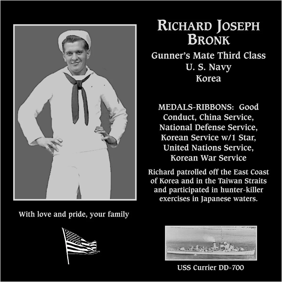 Petty Officer Third Class Richard Joseph Bronk | Mt. Soledad Virtual Plaque