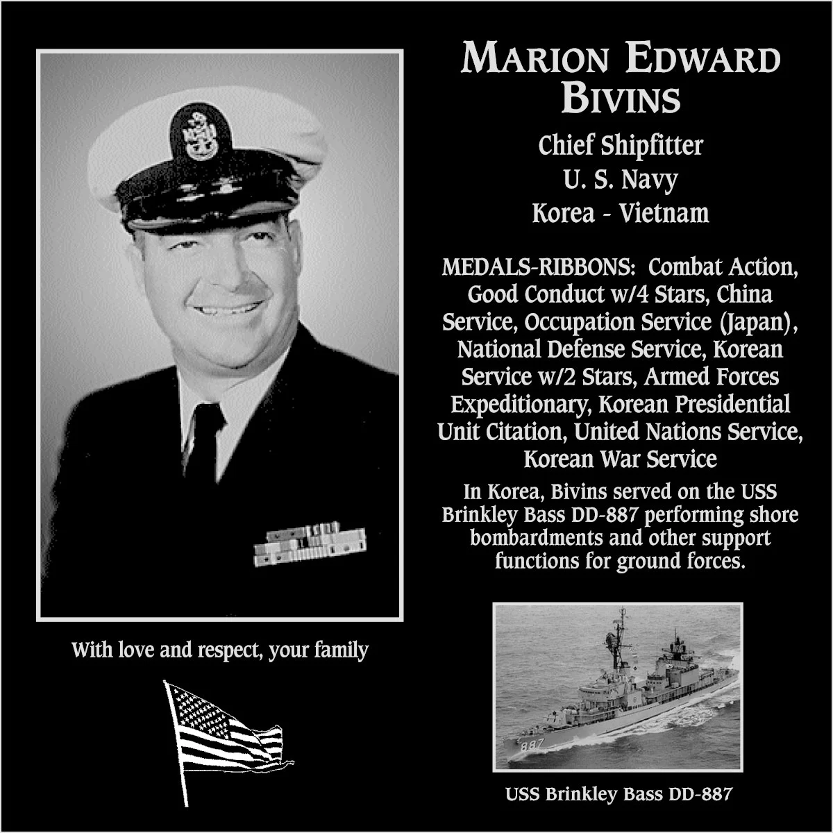 Chief Petty Officer Marion Edward Bivins | Mt. Soledad Virtual Plaque