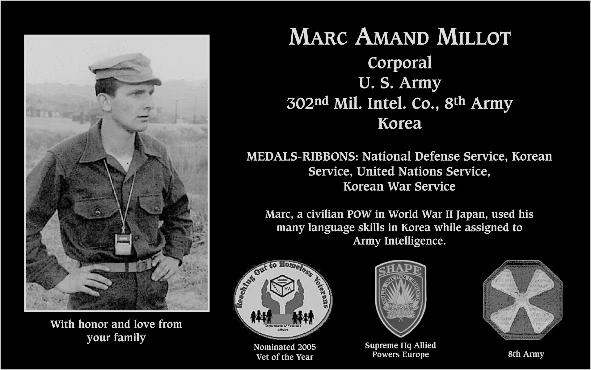 Corporal Marcus Amand Millot | Mt. Soledad Virtual Plaque