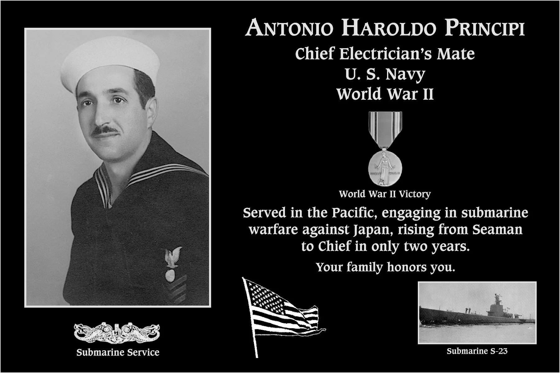 Chief Petty Officer Antonio Haroldo Principi | Mt. Soledad Virtual Plaque