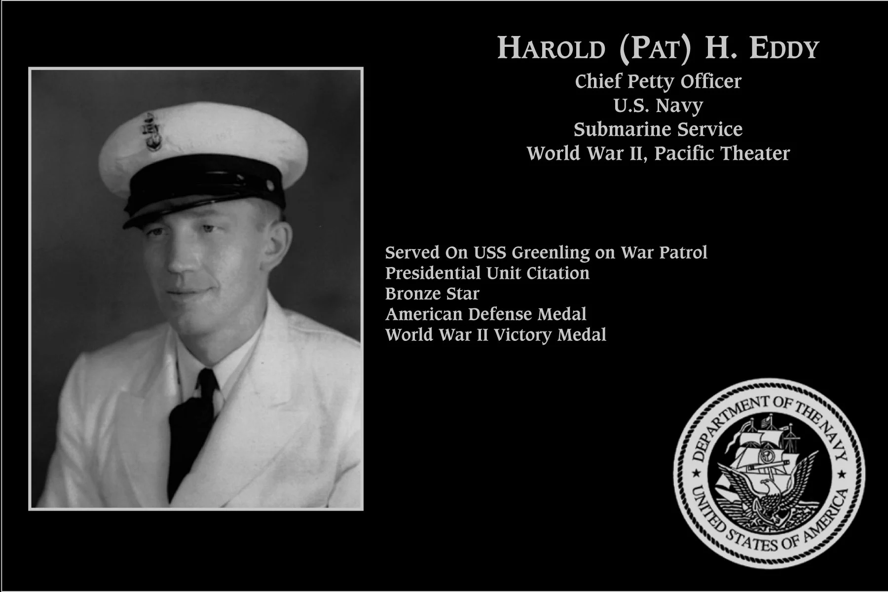 Chief Petty Officer Harold H Eddy | Mt. Soledad Virtual Plaque