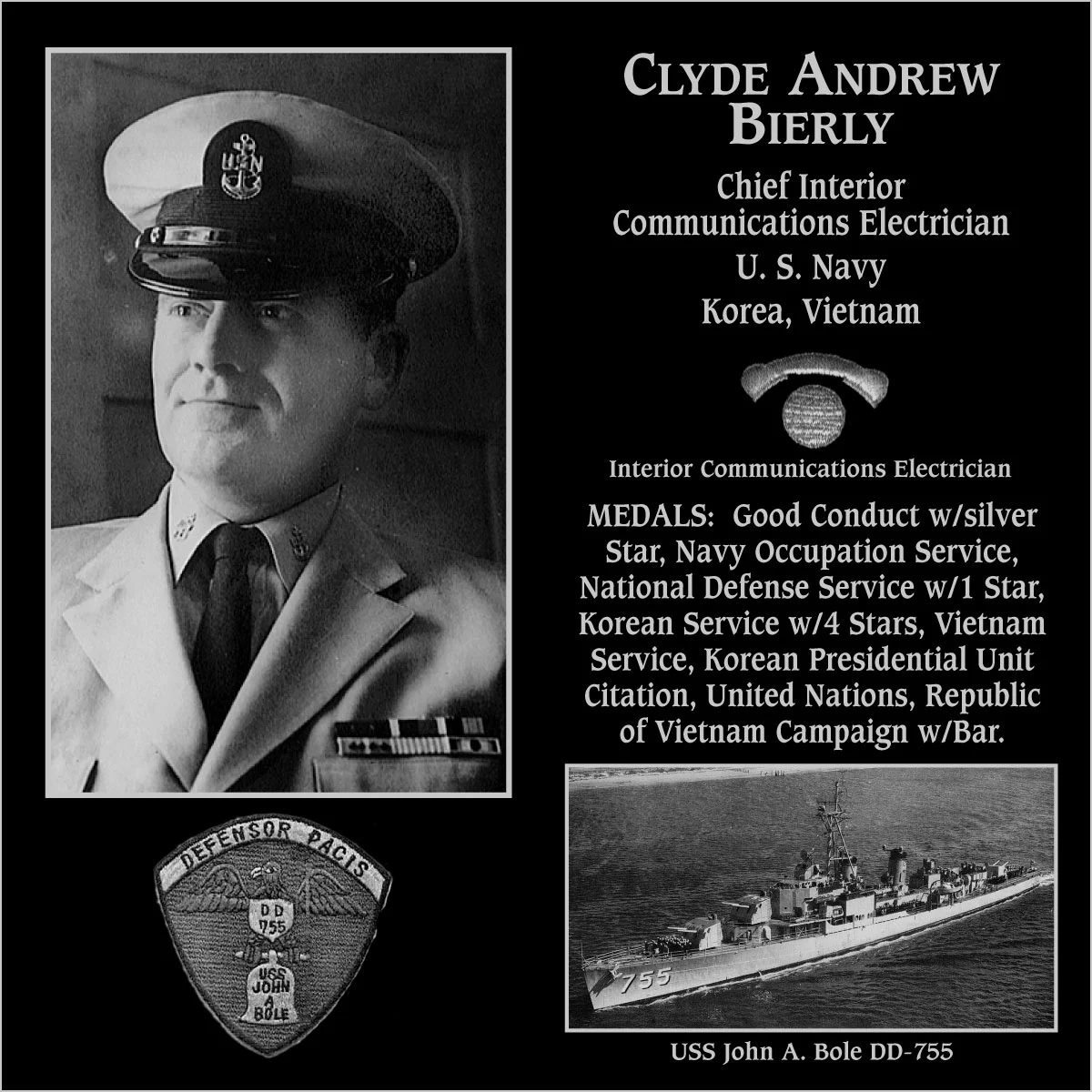 Chief Petty Officer Clyde Andrew Bierly | Mt. Soledad Virtual Plaque