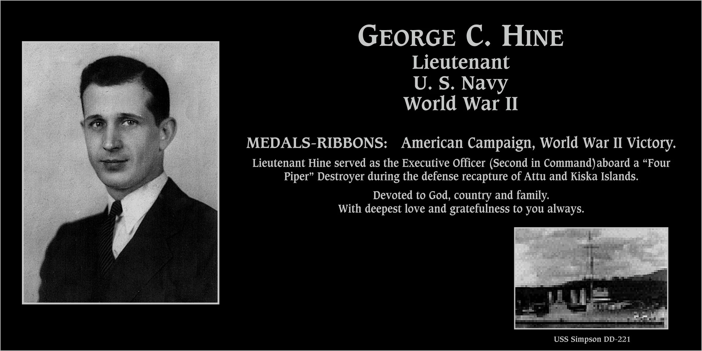 Lieutenant George C Hine | Mt. Soledad Virtual Plaque
