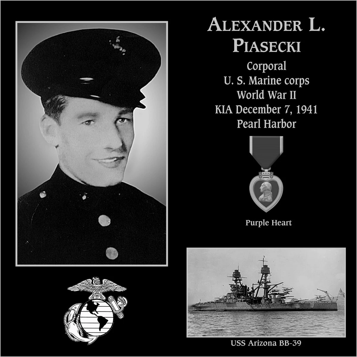 Corporal Alexander L Piasecki | Mt. Soledad Virtual Plaque