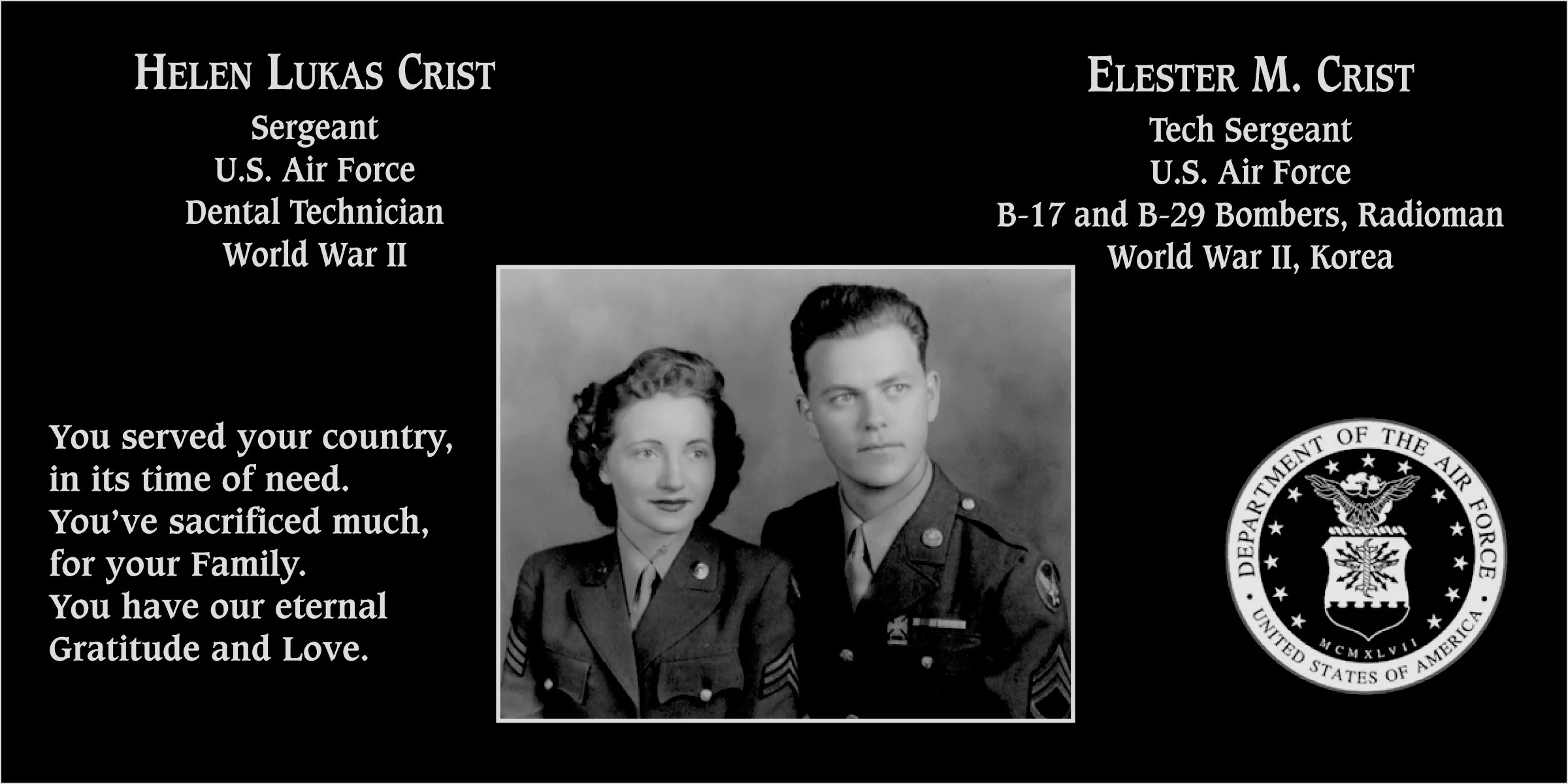 Technical Sergeant Elester M Crist | Mt. Soledad Virtual Plaque