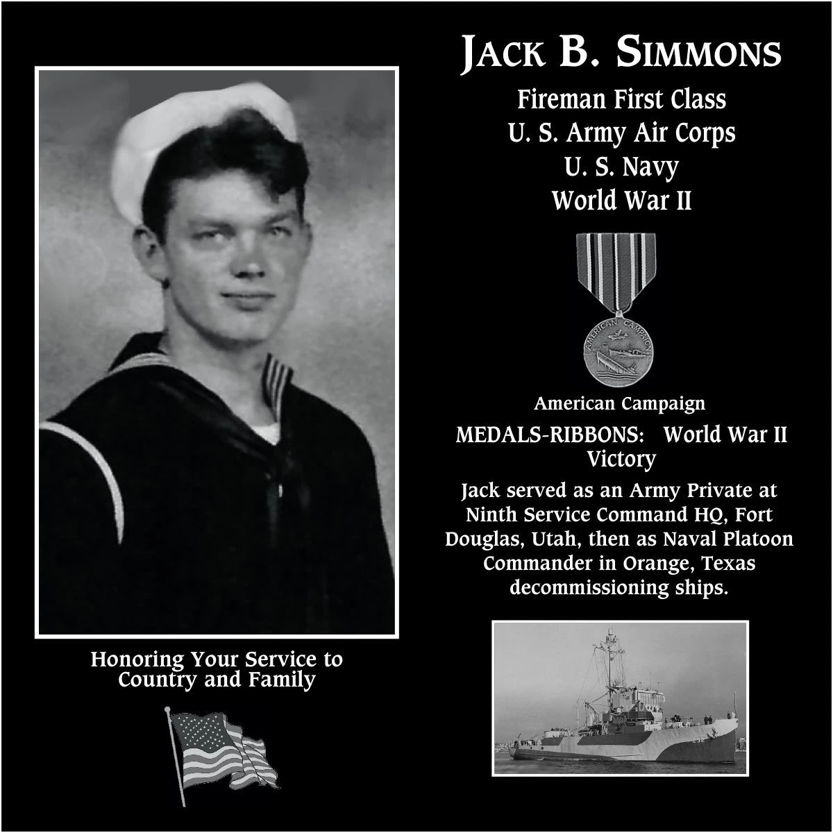 Seaman/Airman/Fireman Jack B. Simmons | Mt. Soledad Virtual Plaque