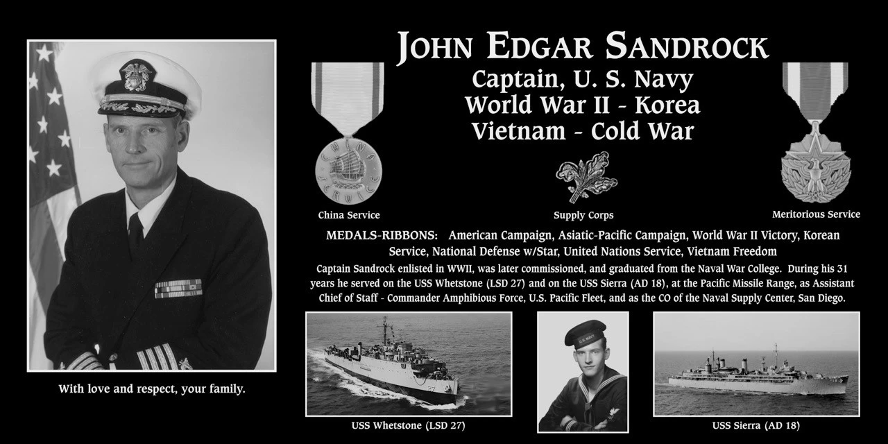 Captain John Edgar Sandrock | Mt. Soledad Virtual Plaque