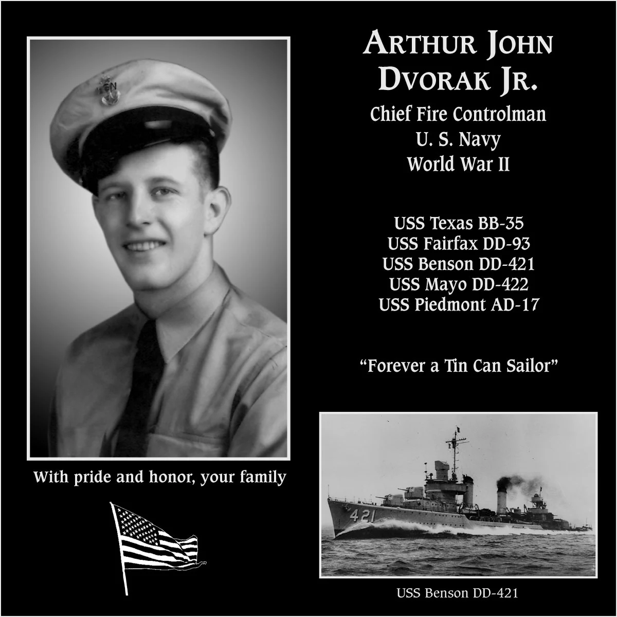 Chief Petty Officer Arthur John Dvorak Jr. | Mt. Soledad Virtual Plaque