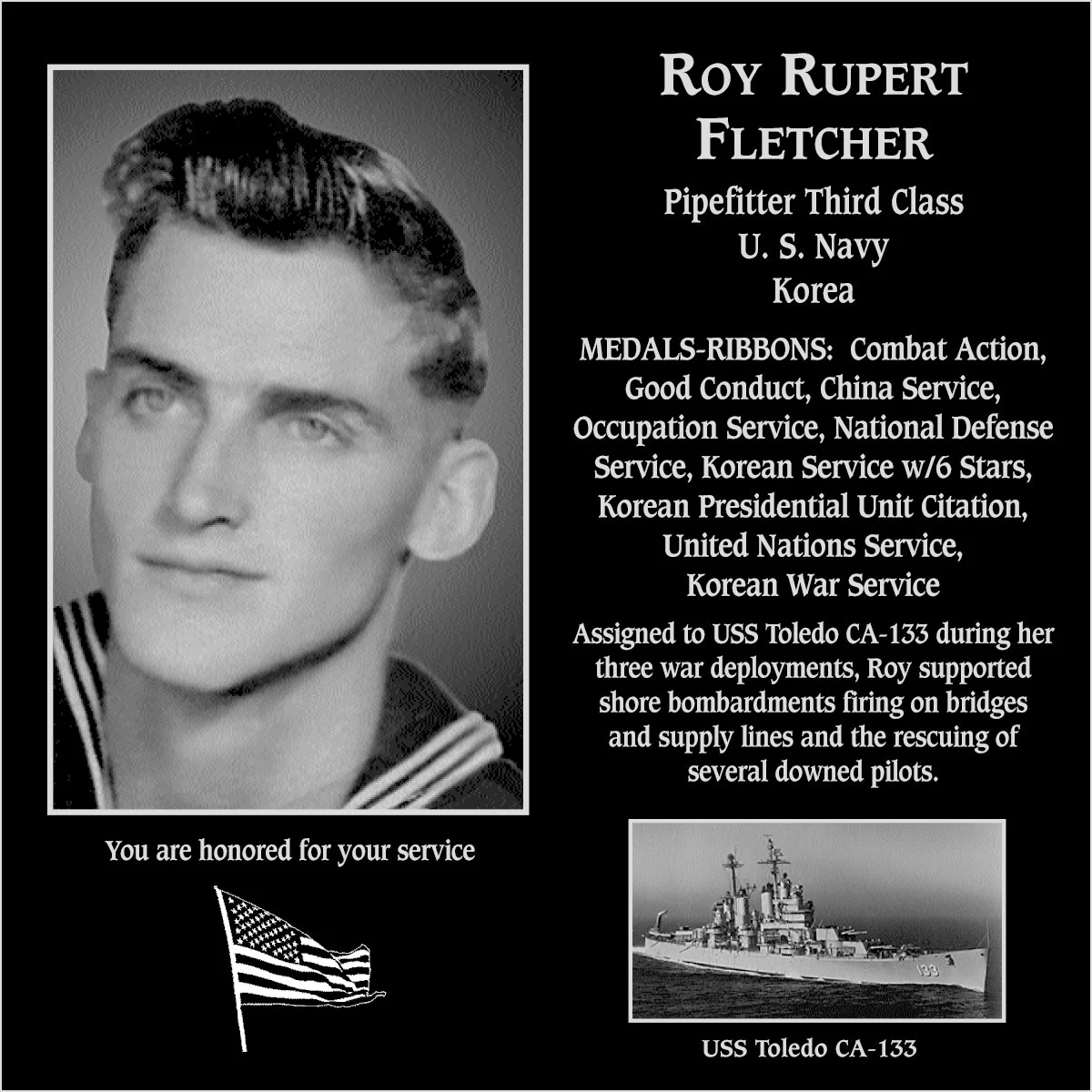 Petty Officer Third Class Roy Rupert Fletcher | Mt. Soledad Virtual Plaque