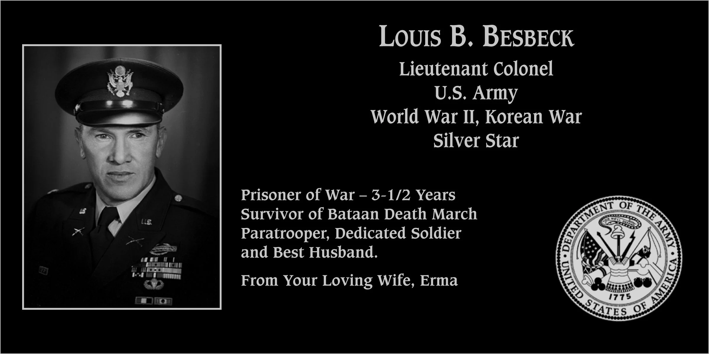 Lieutenant Colonel Louis B Besbeck | Mt. Soledad Virtual Plaque
