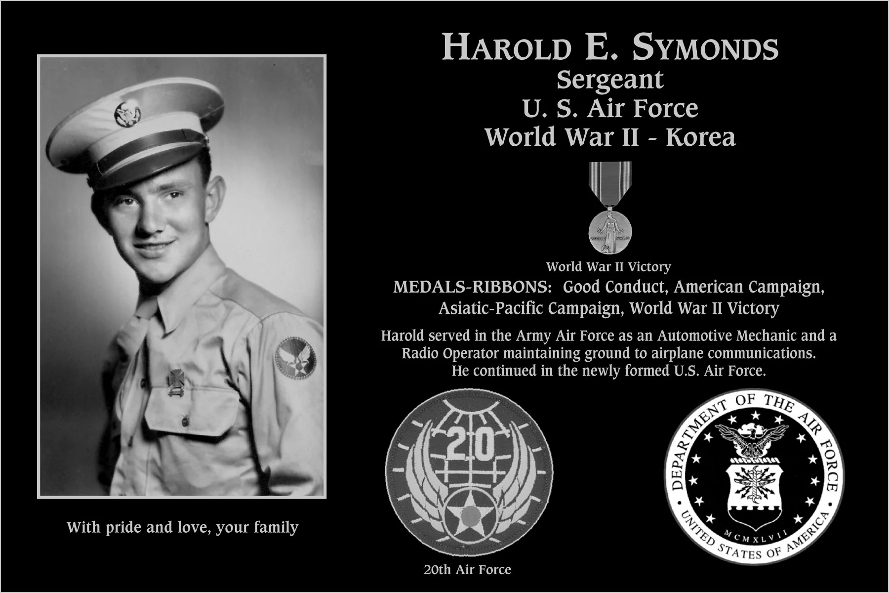 Senior Airman Harold E Symonds | Mt. Soledad Virtual Plaque