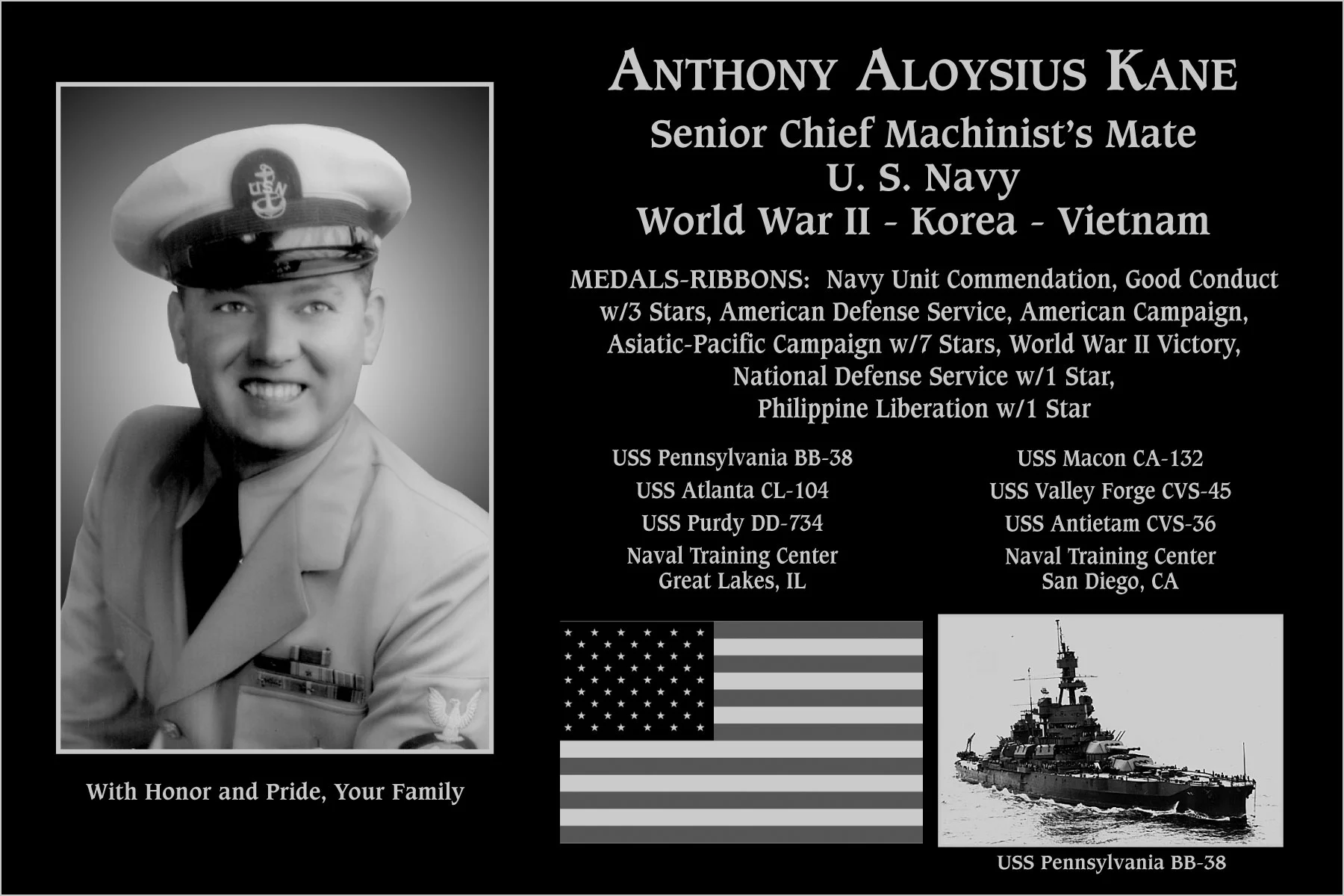 Senior Chief Petty Officer Anthony Aloysius Kane | Mt. Soledad Virtual Plaque