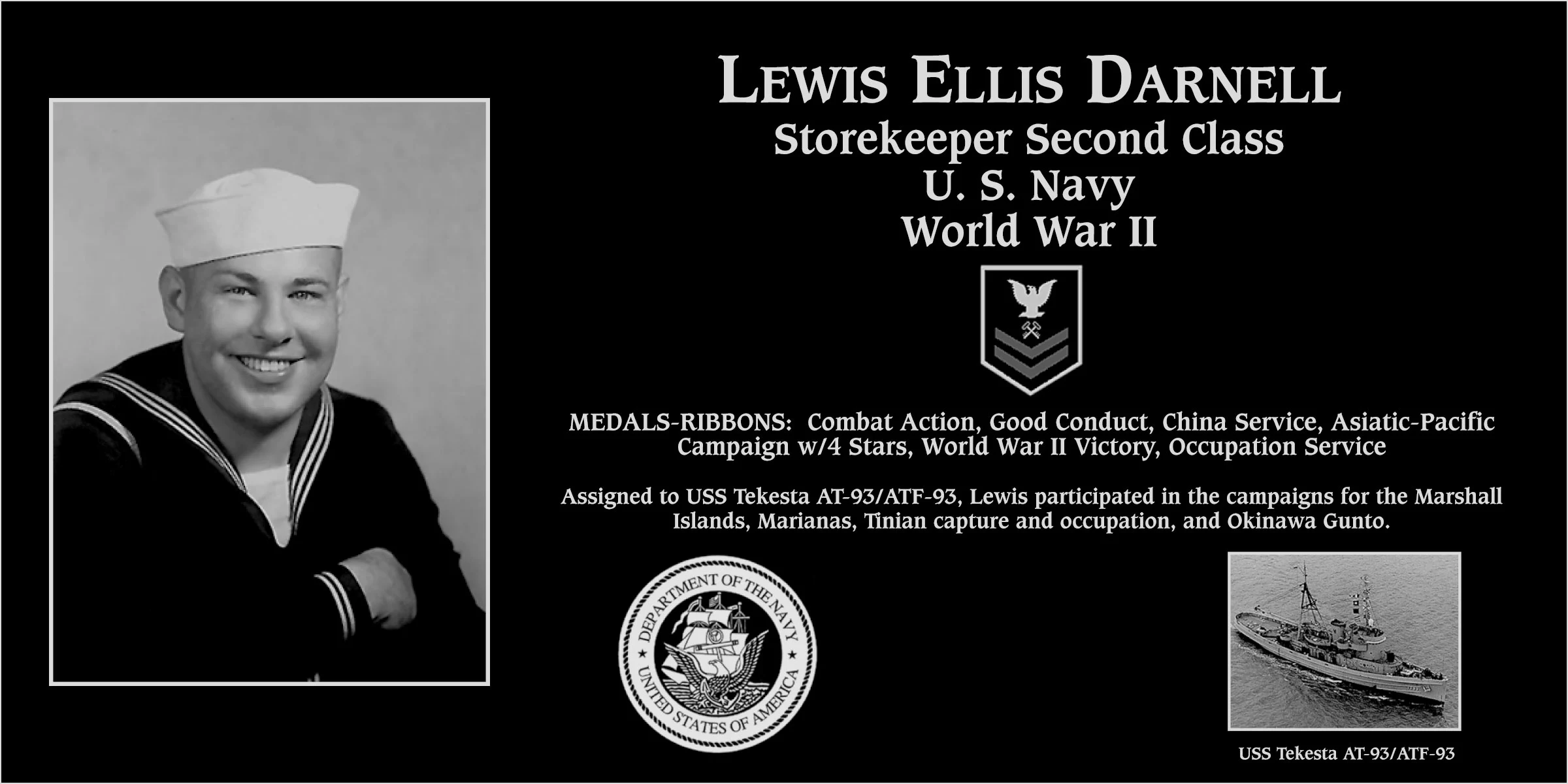 Petty Officer Second Class Lewis Ellis Darnell | Mt. Soledad Virtual Plaque