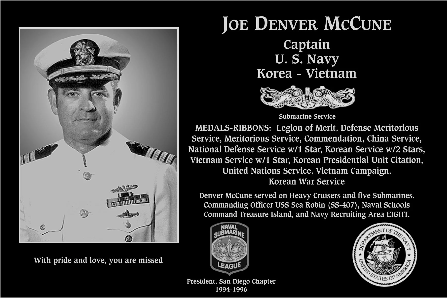 Captain Joe Denver McCune | Mt. Soledad Virtual Plaque