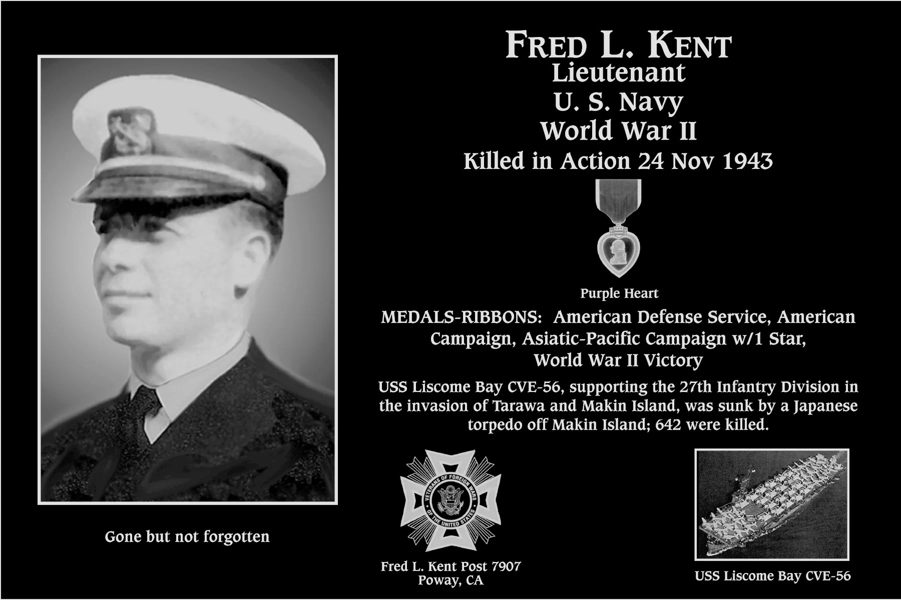 Lieutenant Fred L Kent | Mt. Soledad Virtual Plaque