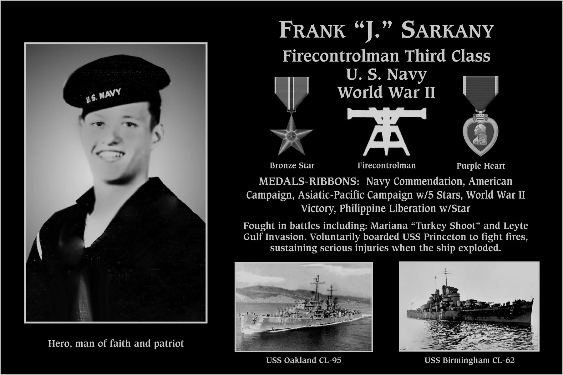 Petty Officer Third Class Frank "J." Sarkany | Mt. Soledad Virtual Plaque