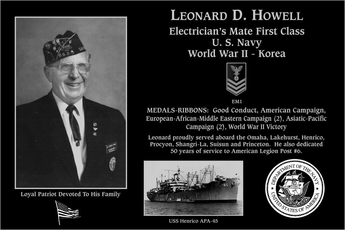 Petty Officer First Class Leonard D. Howell | Mt. Soledad Virtual Plaque