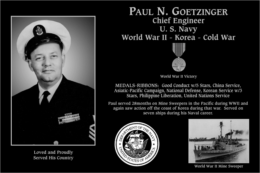 Chief Petty Officer Paul N. Goetzinger | Mt. Soledad Virtual Plaque
