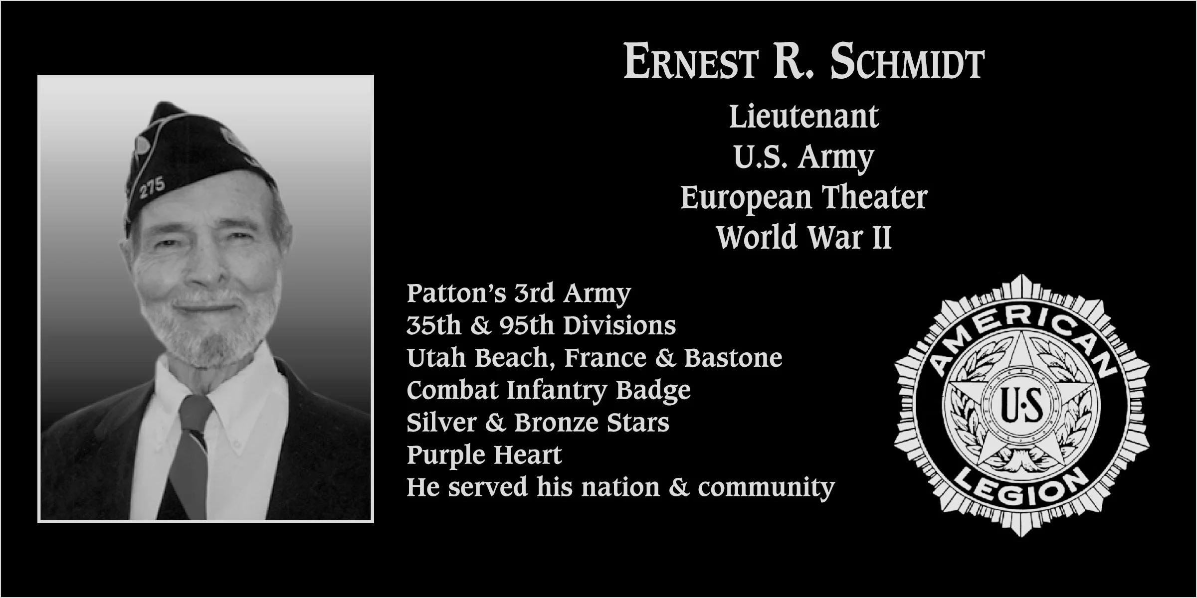 First Lieutenant Ernest R Schmidt | Mt. Soledad Virtual Plaque