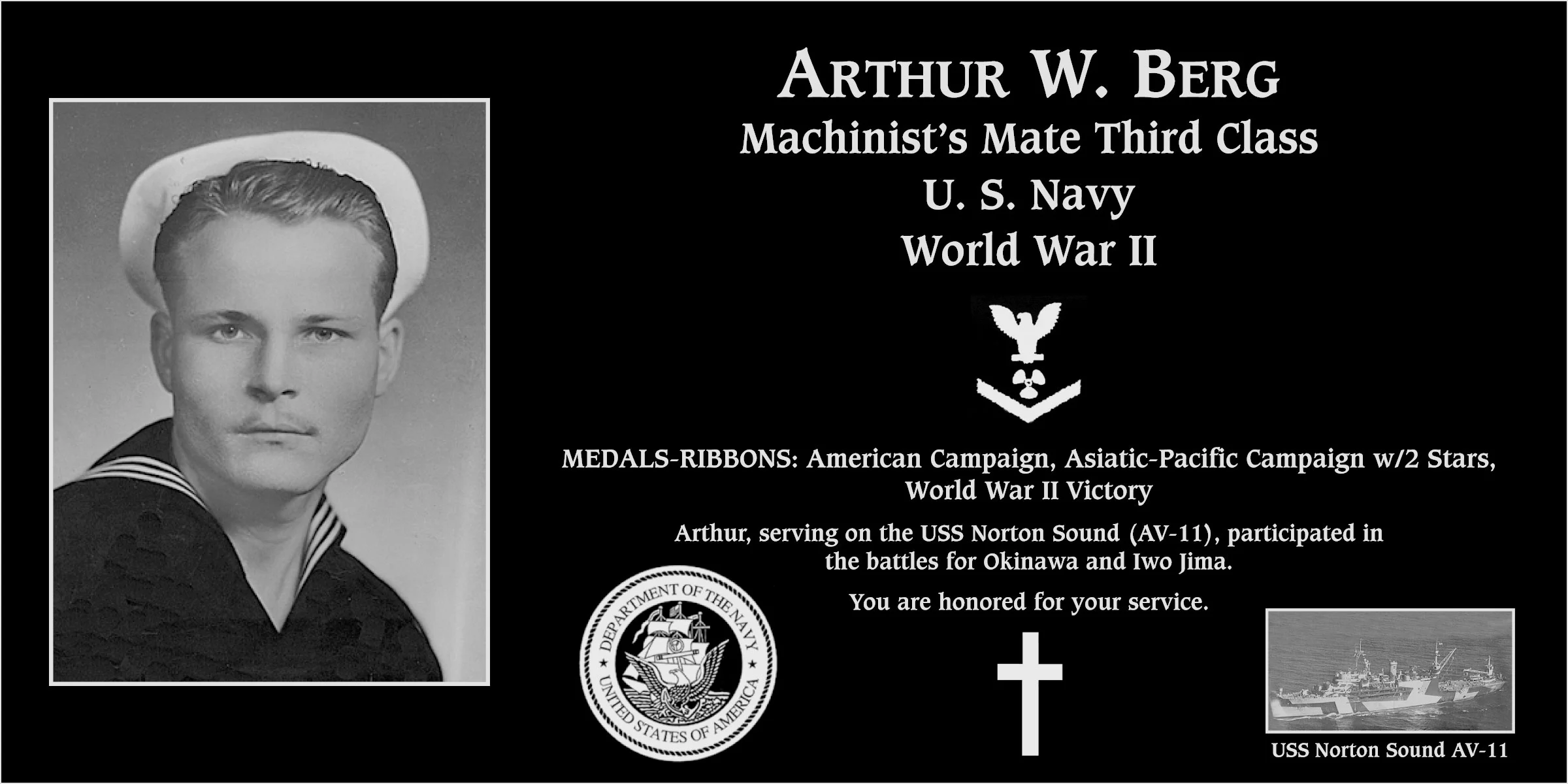 Petty Officer Third Class Arthur W Berg | Mt. Soledad Virtual Plaque