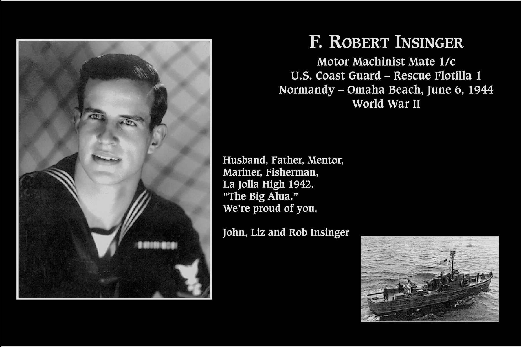 Petty Officer First Class F Robert Insinger | Mt. Soledad Virtual Plaque