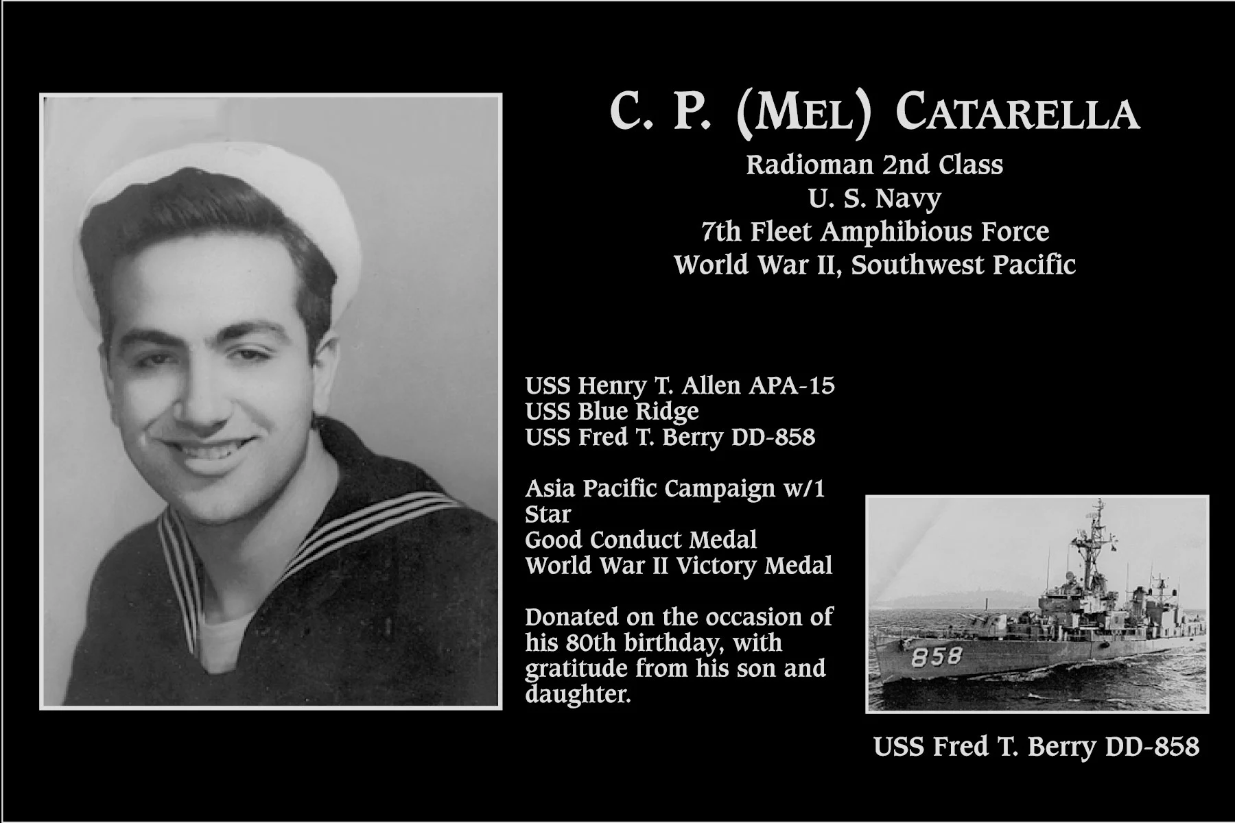 Petty Officer Second Class C P Catarella | Mt. Soledad Virtual Plaque