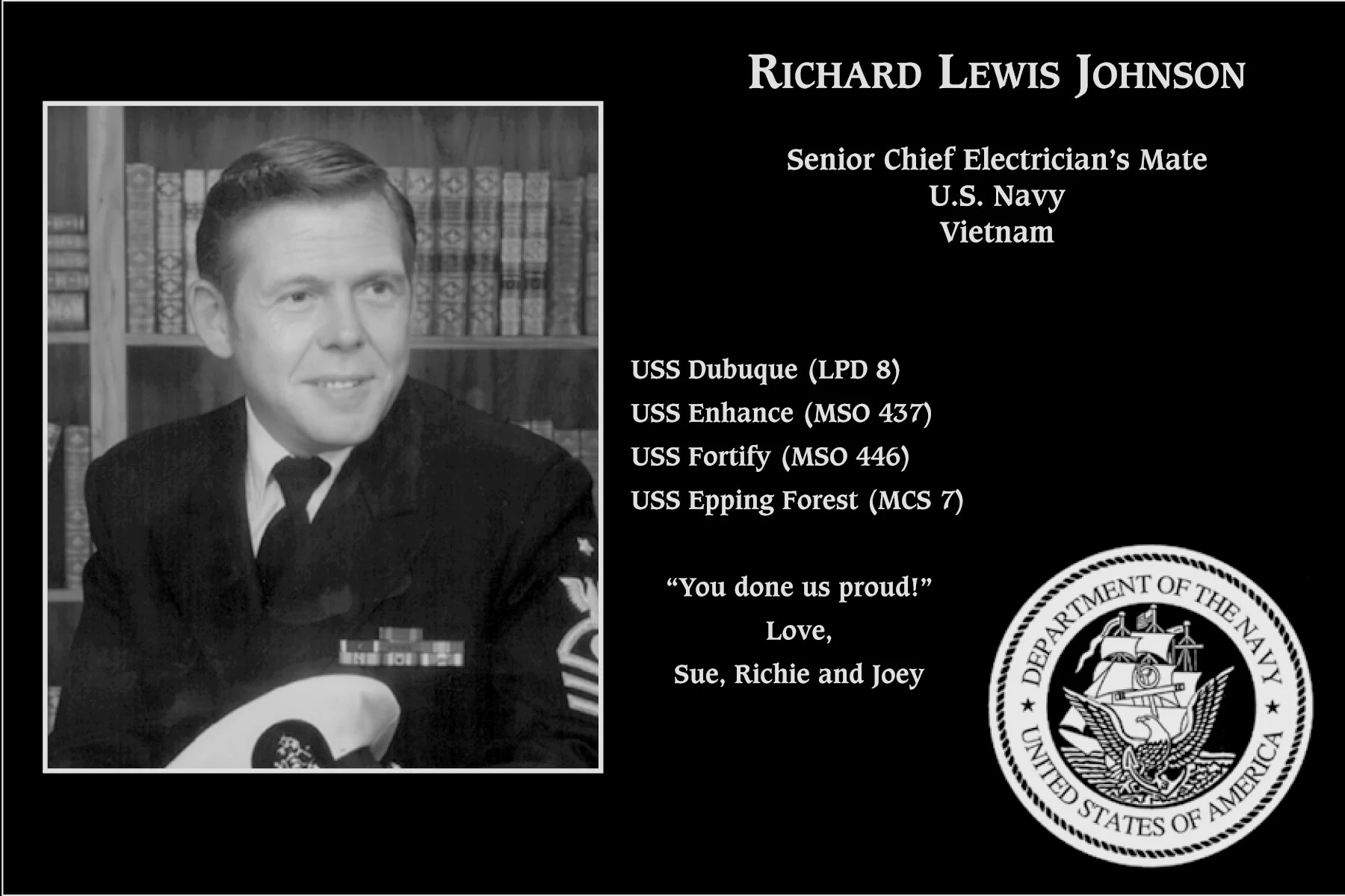 Senior Chief Petty Officer Richard Lewis Johnson | Mt. Soledad Virtual Plaque