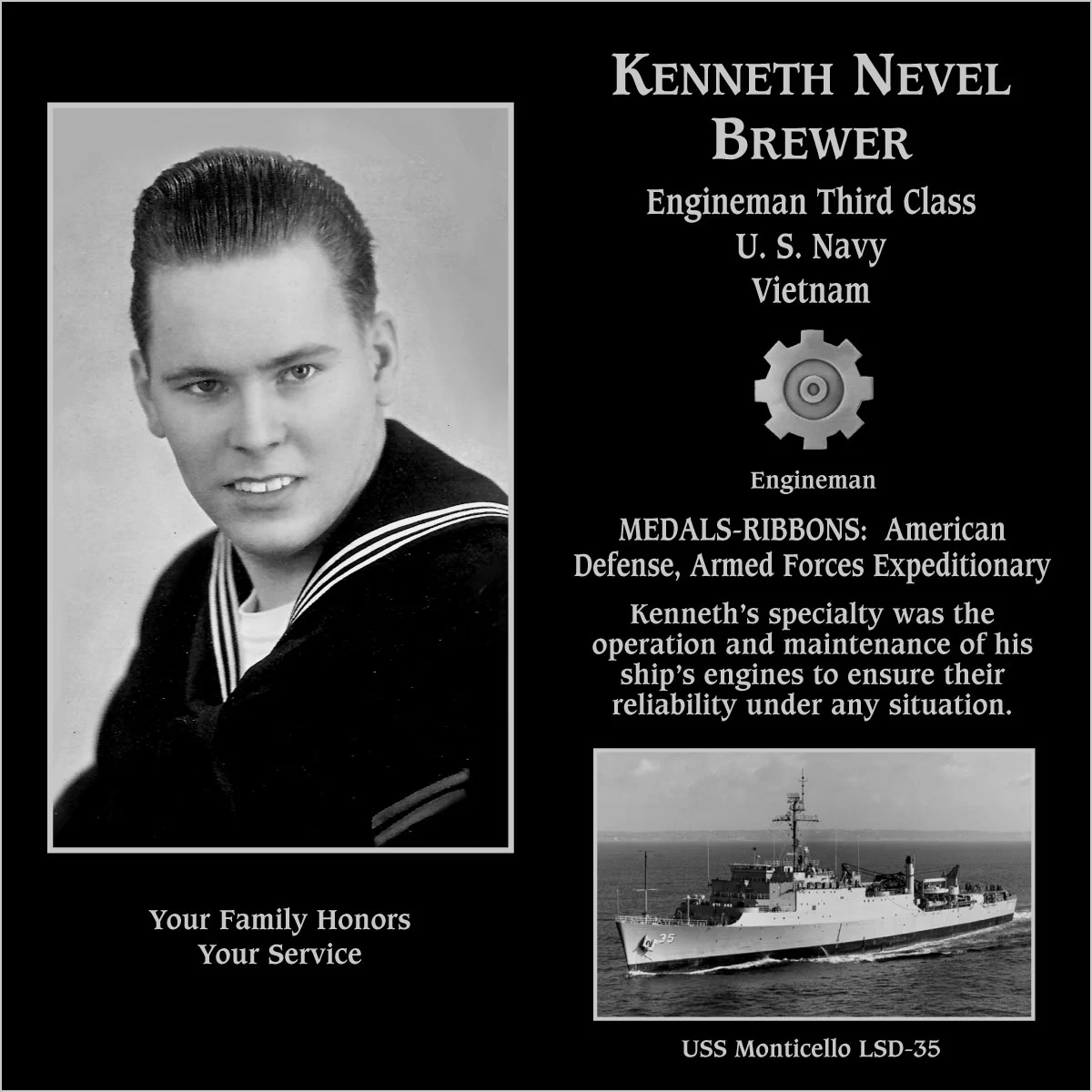 Petty Officer Third Class Kenneth Nevel Brewer | Mt. Soledad Virtual Plaque